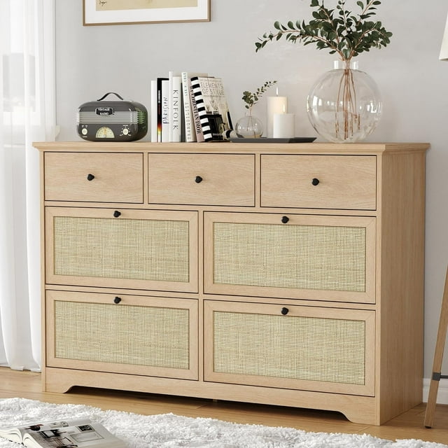 7 Drawer Rattan Dresser for Bedroom, 47" Boho Wide Chest of Drawers wi ...