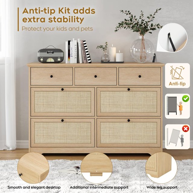 7 Drawer Rattan Dresser for Bedroom, 47" Boho Wide Chest of Drawers wi ...