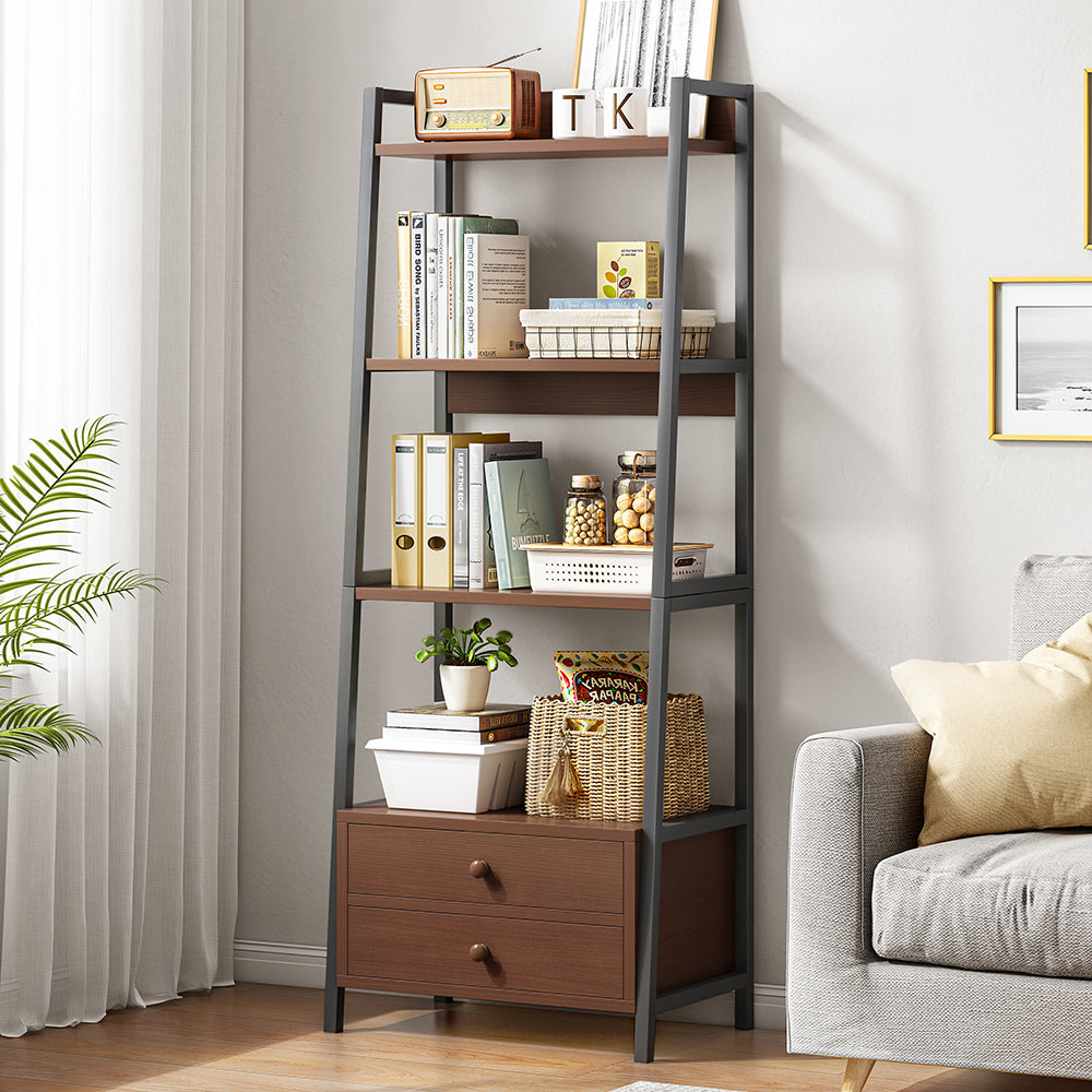 5 Tiers Metal Bookshelf,Free Standing Industrial Ladder Shelf with 2 S ...