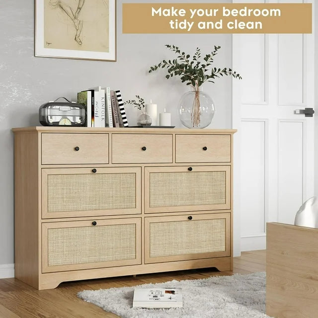 7 Drawer Rattan Dresser for Bedroom, 47" Boho Wide Chest of Drawers wi ...